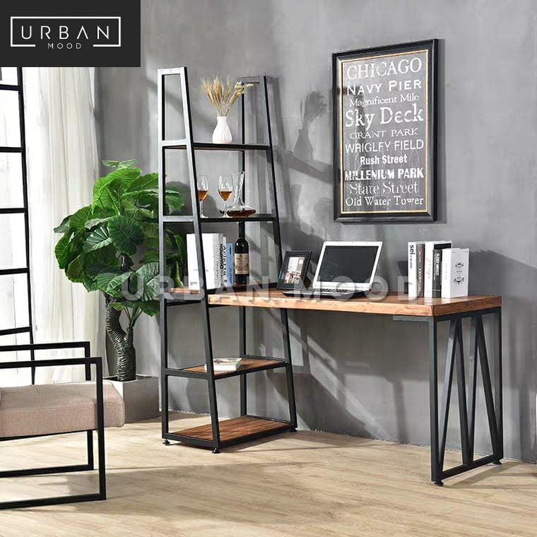 KOBANE Industrial Solid Wood Study Table with Ladder Shelf – Urban Mood